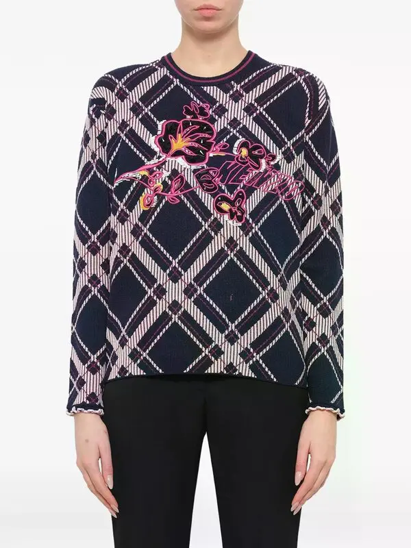 Kenzo Check-pattern Floral-embroidered Sweater - Blue