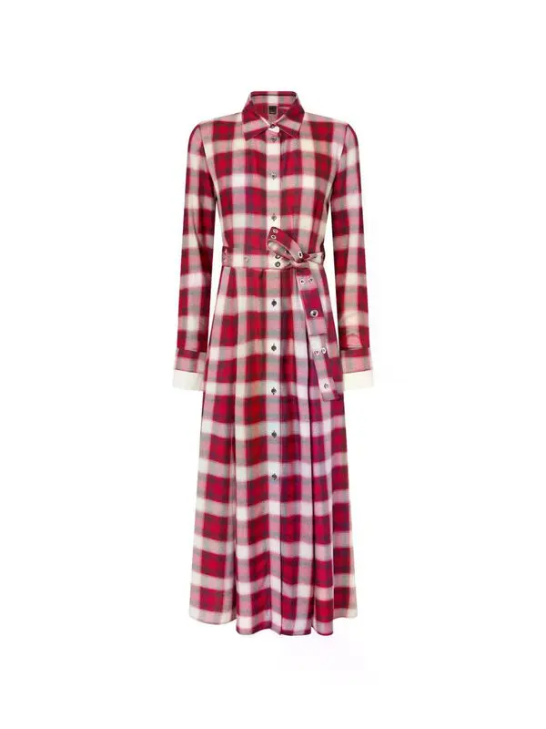 Pinko Long Shirt Dress With Check Pattern And Belt - Red