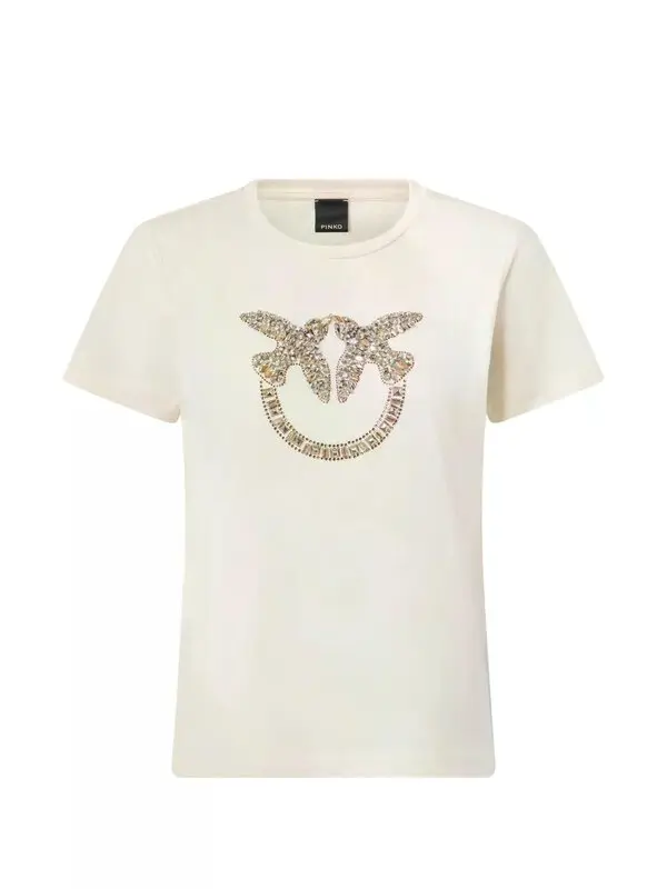 Pinko T-shirt With Love Birds Jewel Maxi Embroidery - Neutrals
