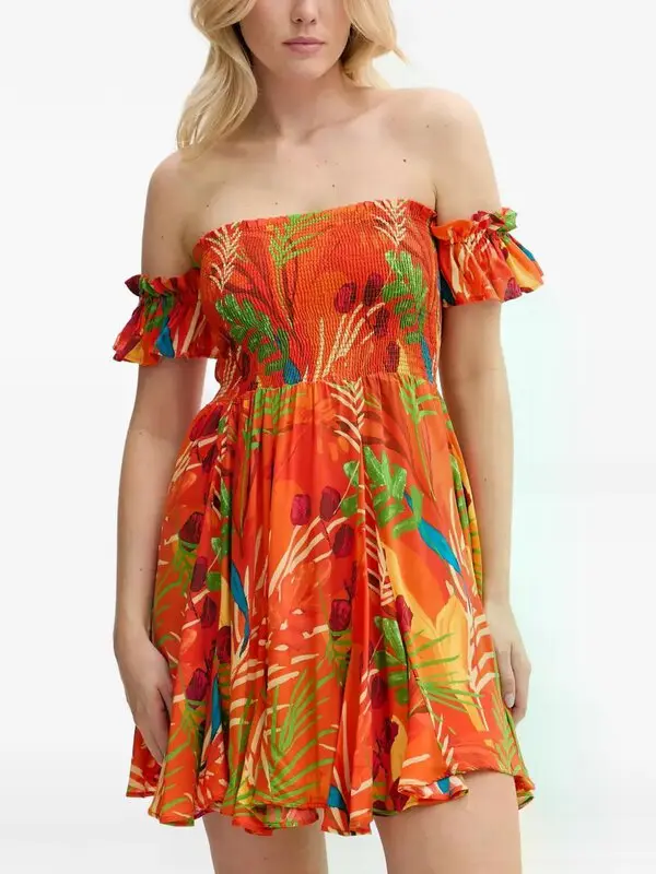 Desigual Smocked Tropical-print Mini Beach Dress - Orange