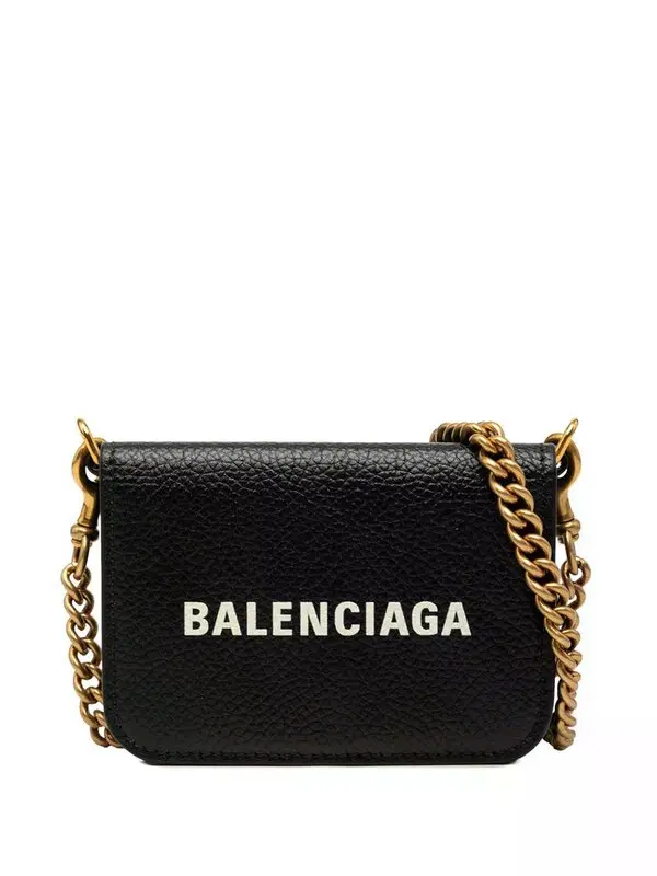 Balenciaga 2000-2026 Mini Grained Calfskin Logo Cash Wallet On Chain Crossbody Bag - Black