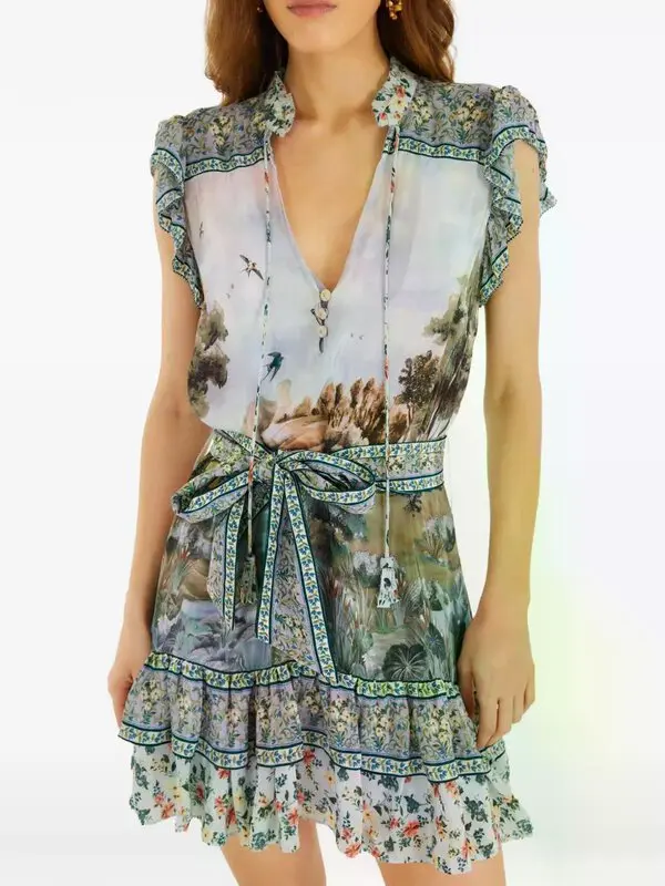 Farm Rio Multicolor Countryside Landscape Belted Ruffled Mini Dress - Blue