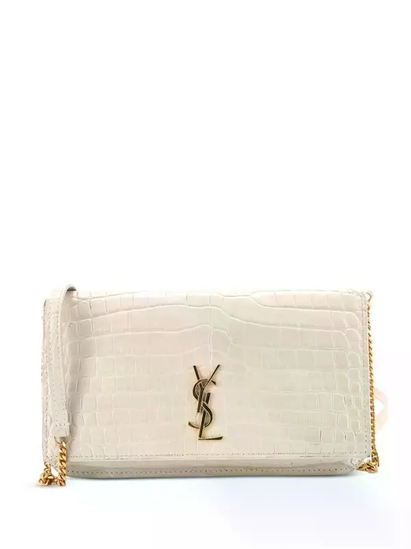 Saint Laurent Classic Monogram Phone Holder Shoulder Bag Crocodile Embossed Leather Crossbody Bag - White