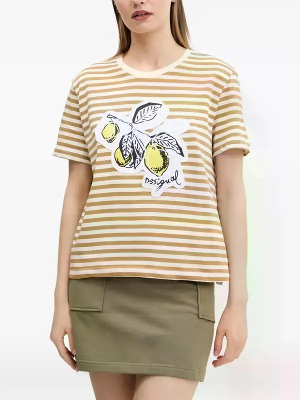 Desigual Graphic-detail Striped Cotton T-shirt - Neutrals