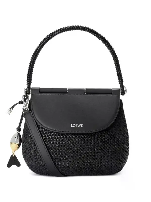 Loewe Medium Pescador Bag In Raffia And Calfskin - Black