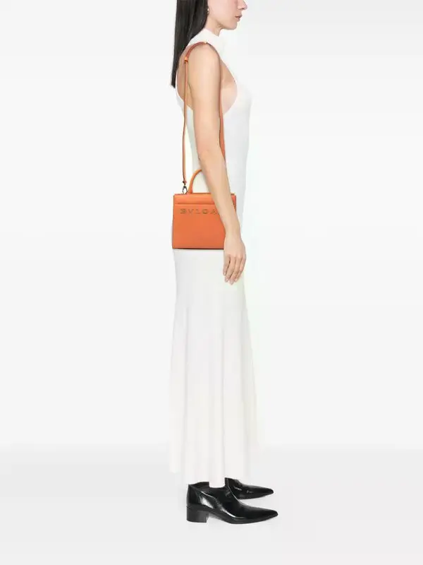 BVLGARI 2010-2026 Smooth And Pebbled Calfskin Logo Tote Satchel - Orange