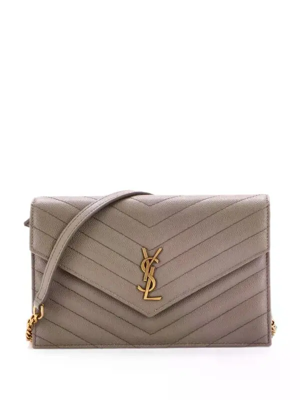 Saint Laurent Classic Monogram Wallet On Chain Matelasse Chevron Leather Small Crossbody Bag - Neutrals