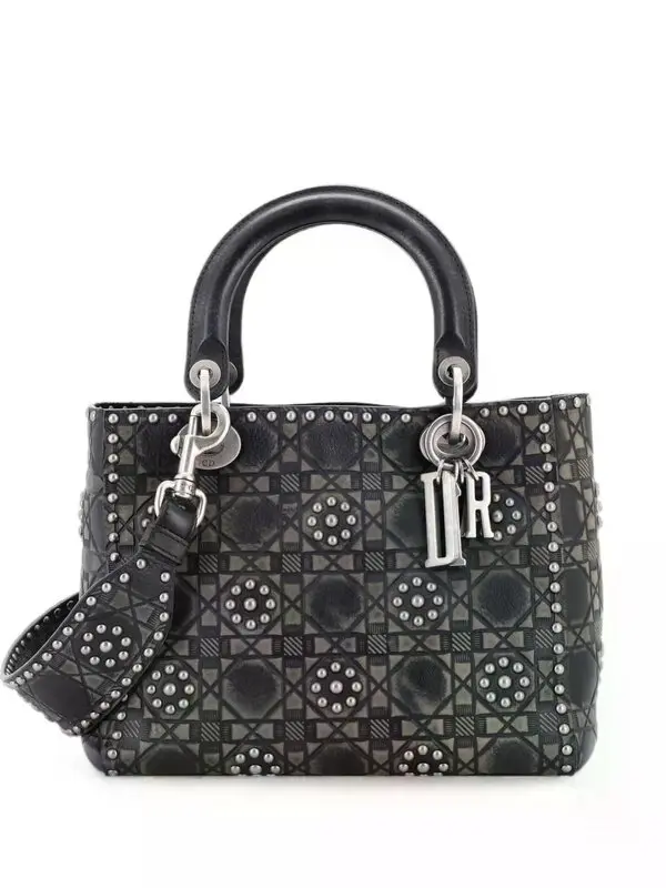 Dior Supple Lady Bag Studded Cannage Embossed Calfskin Medium Satchel - Black