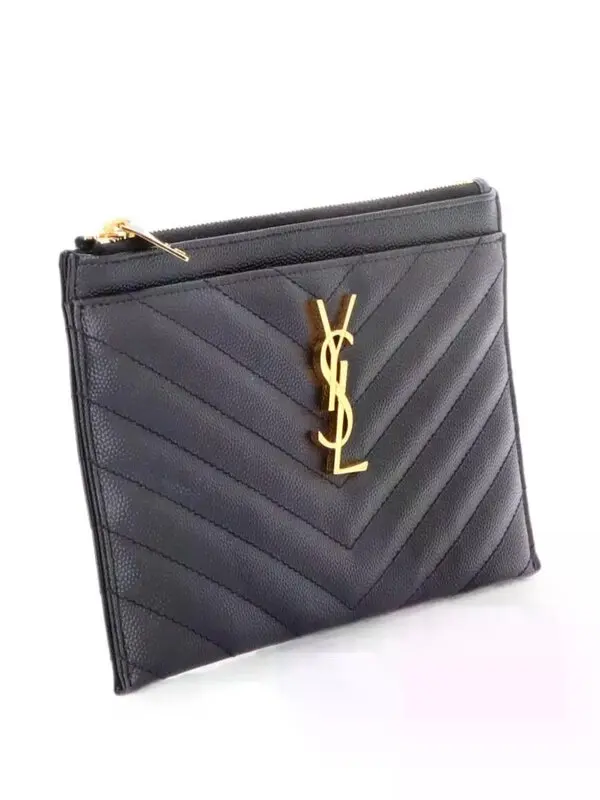 Saint Laurent Classic Monogram Zip Bill Matelasse Chevron Leather Medium Pouch - Black