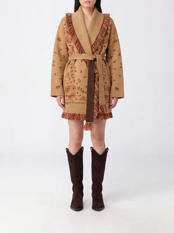Alanui Cashmere Robe Cardigan With Bandana Motif And Fringes - Camel