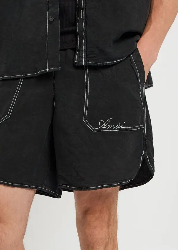 Amiri Contrast Stitch Linen-blend Shorts - Black