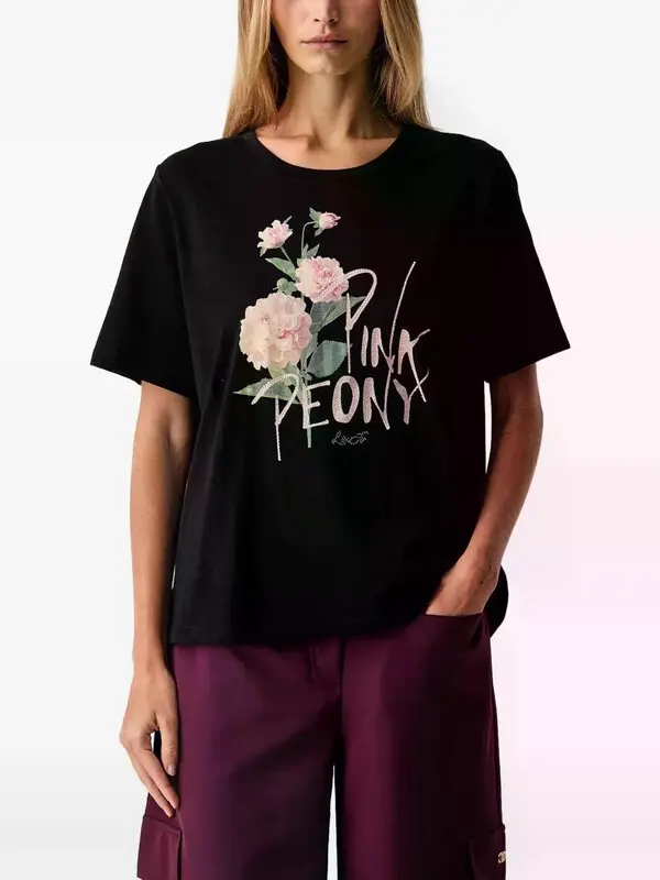 Liu Jo Floral-print Rhinestone-embellished T-shirt - Black