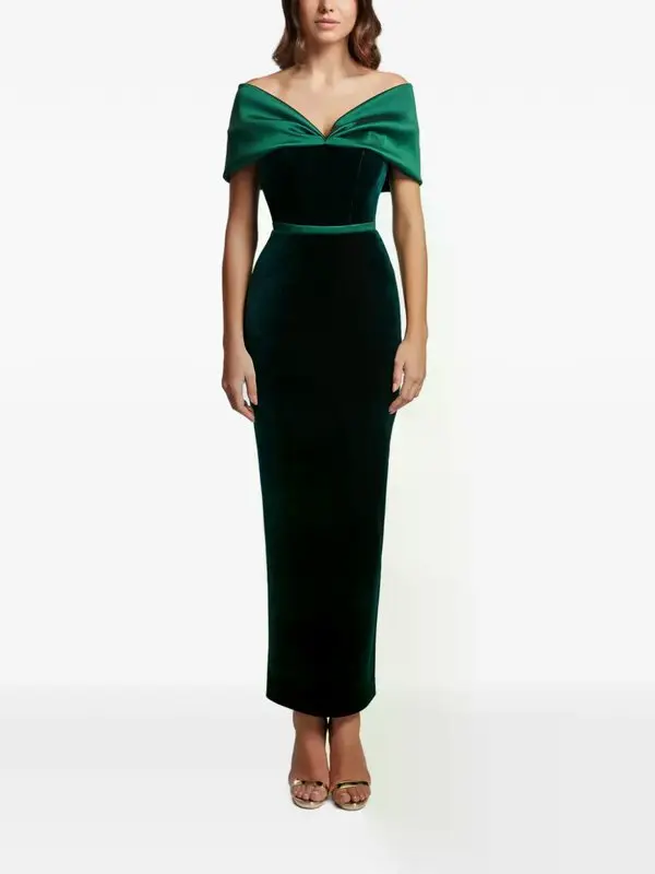CRISTALLINI Off-shoulder Velvet Maxi Dress - Green