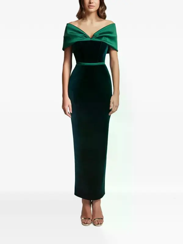 CRISTALLINI Off-shoulder Velvet Maxi Dress - Green