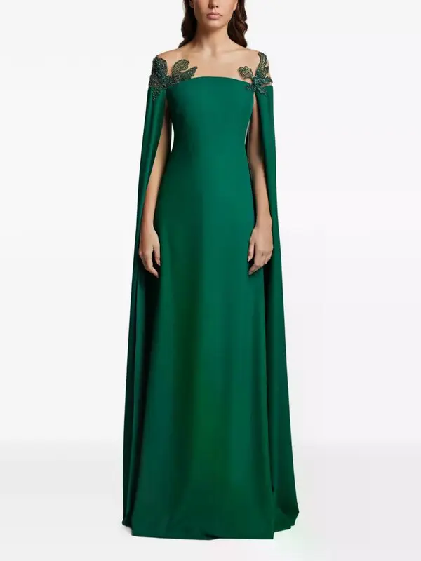 CRISTALLINI Bead-embellished Cape-sleeve Maxi Dress - Green