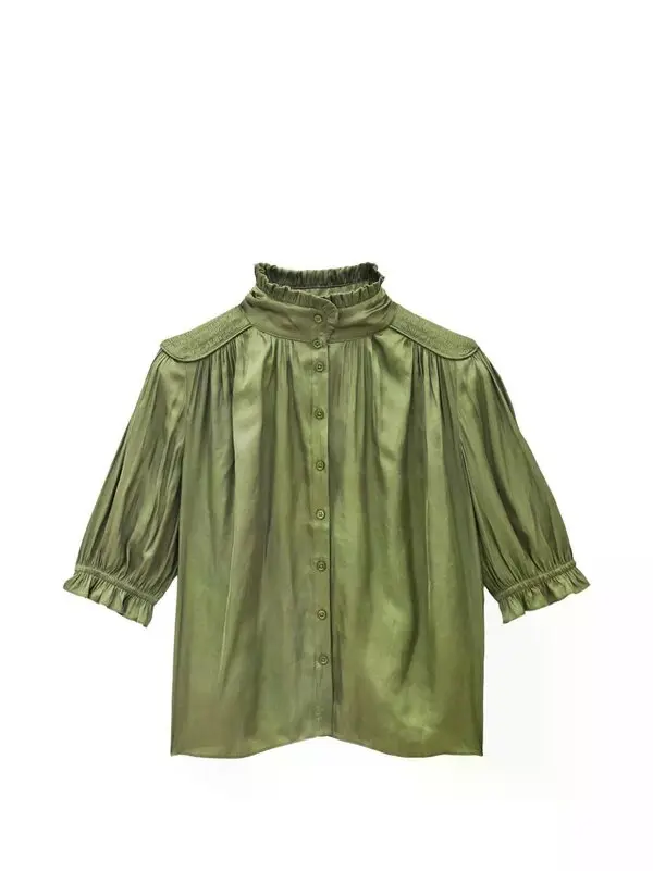 Ba&sh Camila Ruffled-trim Smocked-shoulder Blouse - Green