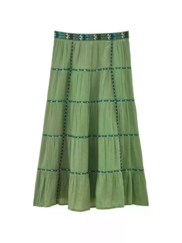 Ba&sh Paloma Tiered Embroidered-waistband Maxi Skirt - Green