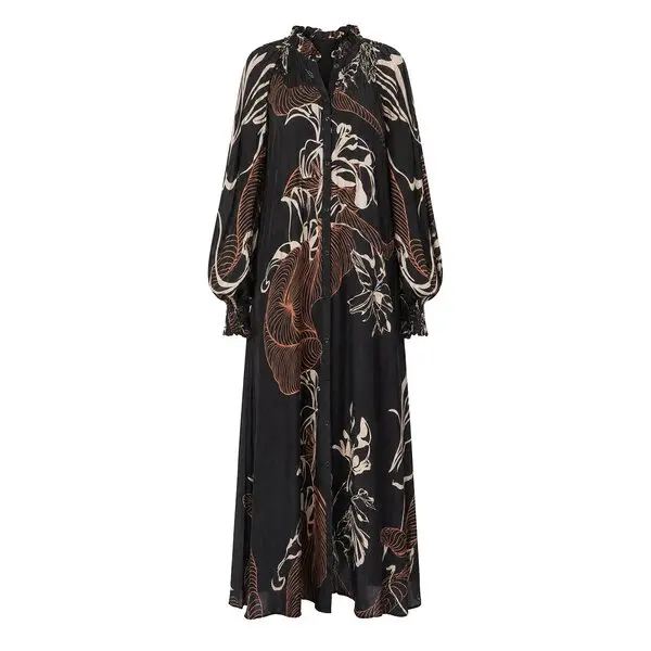 Adrift Clothing Gianna Shirred Dress In Floral Terrain - Black