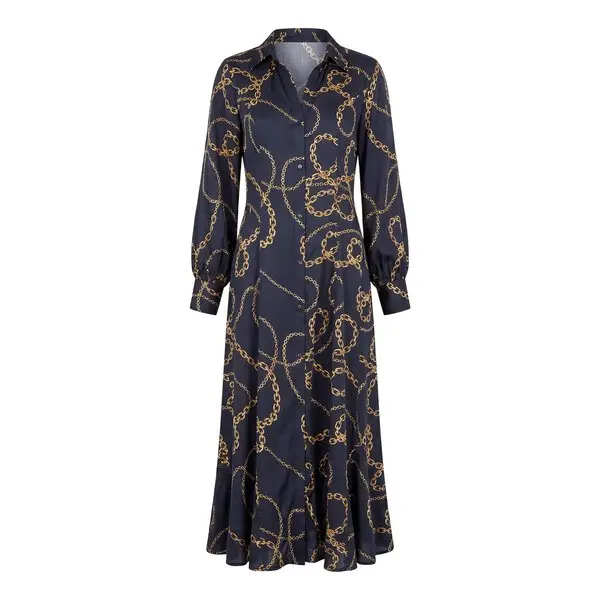 Adrift Clothing Gold / Blue Greta Collared Dress In Meridian - Gold/blue