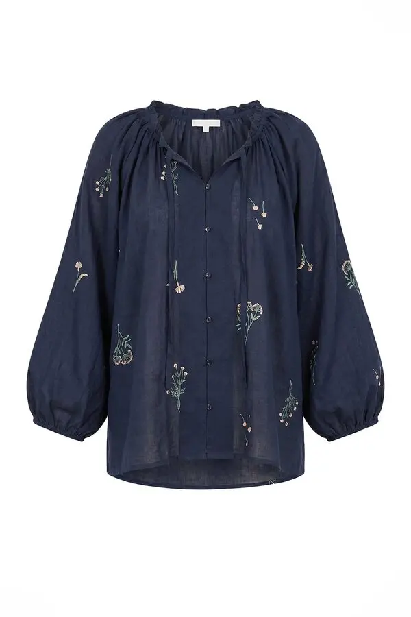 Adrift Clothing Nova Neck Tie Blouse In Seraphine - Blue