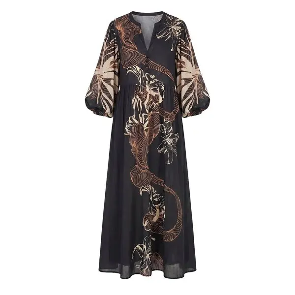 Adrift Clothing Greer Billow Dress In Floral Terrain - Black