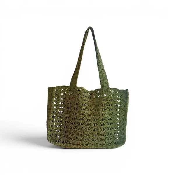 SPRINGMOONATELIER Handmade Crochet Tote Bag Olive Handmade Raffia Summer Shoulder Bag