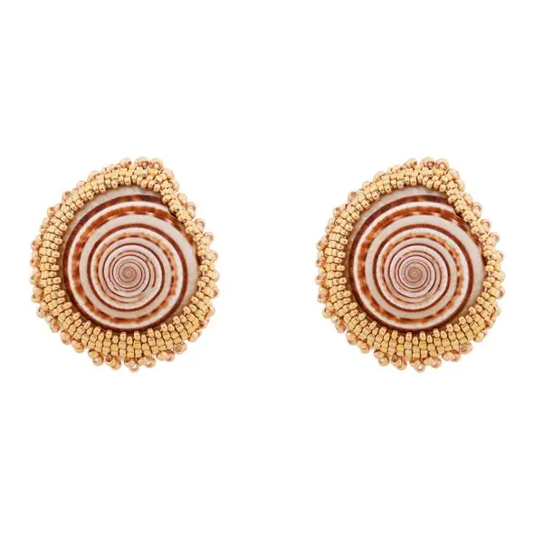 Oana Savu Gold / White / Brown Beaded Shells Earrings Sterling Silver Studs Gold Beads - Gold/white/brown