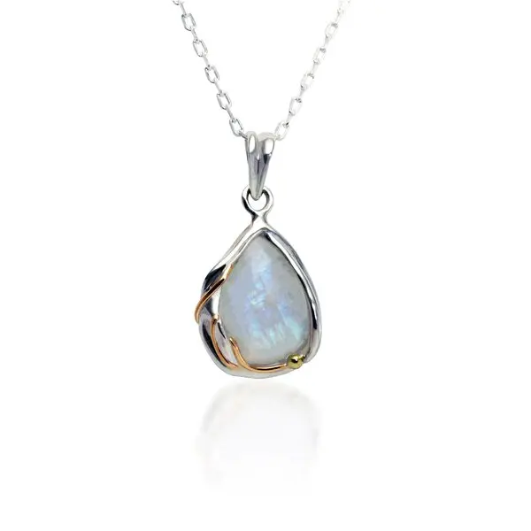 ISLA SILVER Gold / White / Silver Handmade Rainbow Moonstone Droplet Pendant Necklace - Gold/white/silver