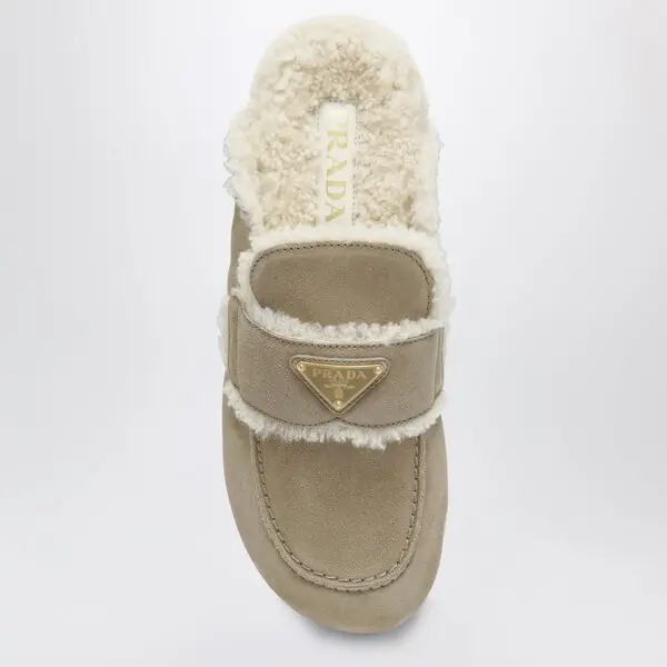 Prada Suede And Shearling Mules In Desert
