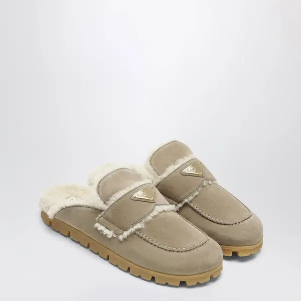 Prada Suede And Shearling Mules - Beige
