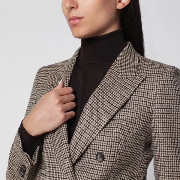 Tagliatore Double-breasted Tobacco-colored Jacket With Houndstooth Pattern In Wool Blend - Brown