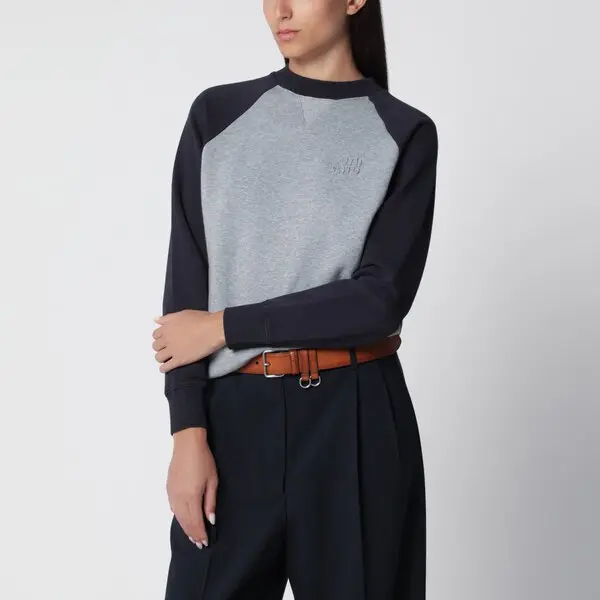 Miu Miu Navy Color-block Crewneck Sweatshirt In Cotton - Grey