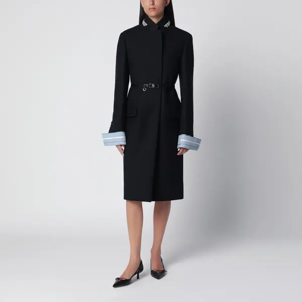 Prada Wool Coat With Belt And Embroidered Collar - Blue