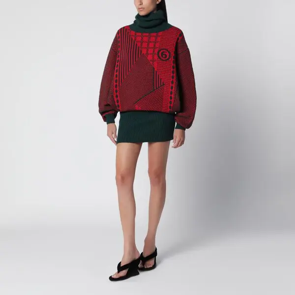 MAISON MARGIELA Forest Green Jacquard Knit Mini Dress In Wool - Red