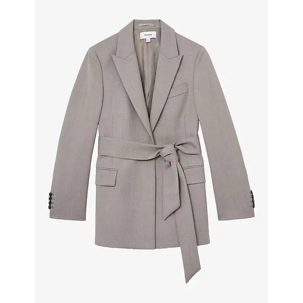 REISS Briony Belted-waist Single-breasted Wool-blend Blazer - Grey