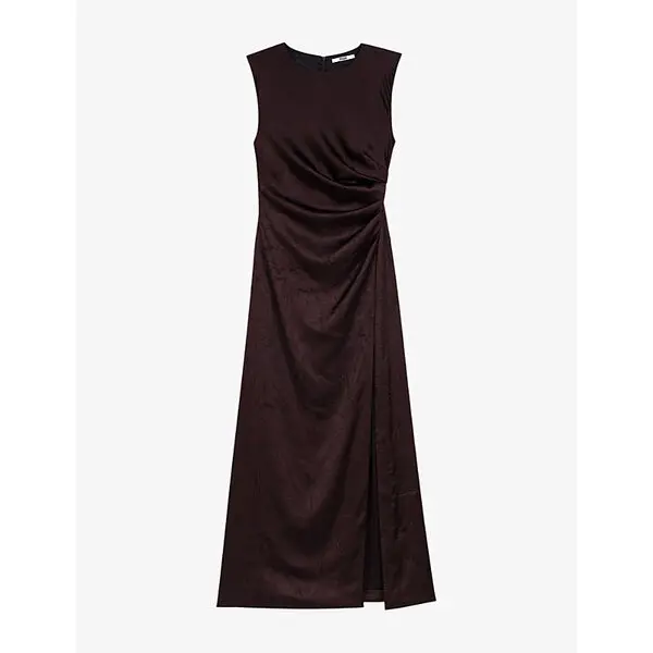 Maje Draped Round-neck Satin-effect Maxi Dress - Brown