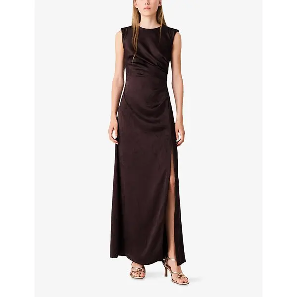 Maje Draped Round-neck Satin-effect Maxi Dress