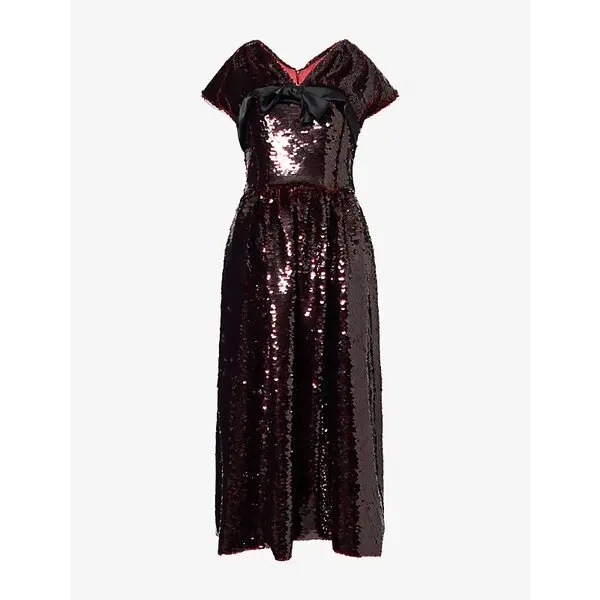 Simone Rocha Gathered-sleeve Sequin-embellished Midi Dress - Deep Red