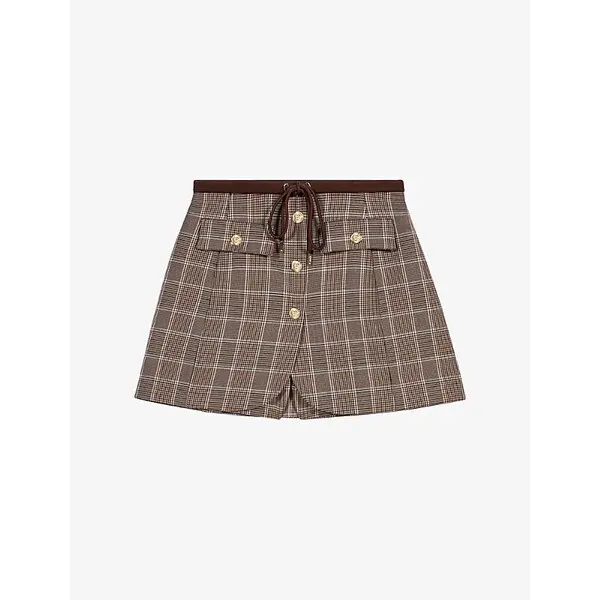 Maje Checked Layered-effect Cotton And Wool-blend Shorts - Brown