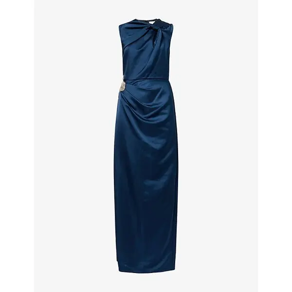 Erdem Draped Embroidered Satin Maxi Dress - Navy