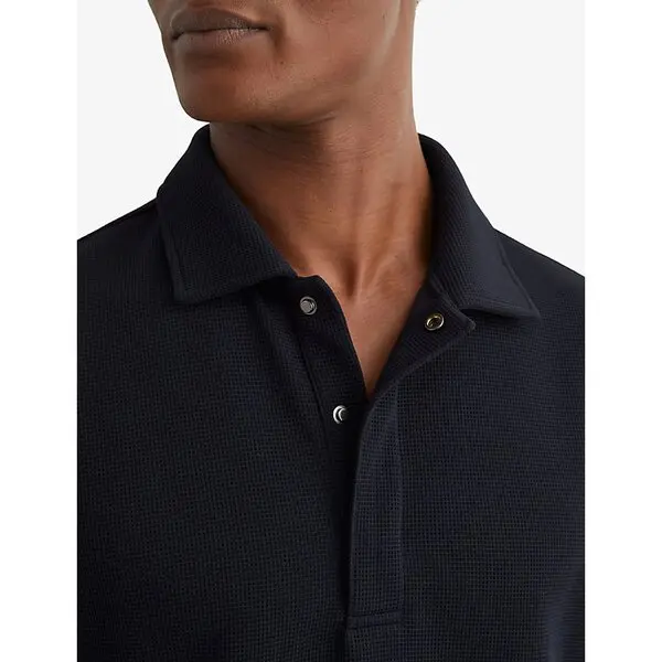 REISS Reed Micro-waffle Short-sleeve Stretch-jersey Polo - Navy