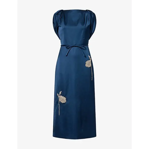Erdem Floral-embroidered Fitted Satin Midi Dress - Navy