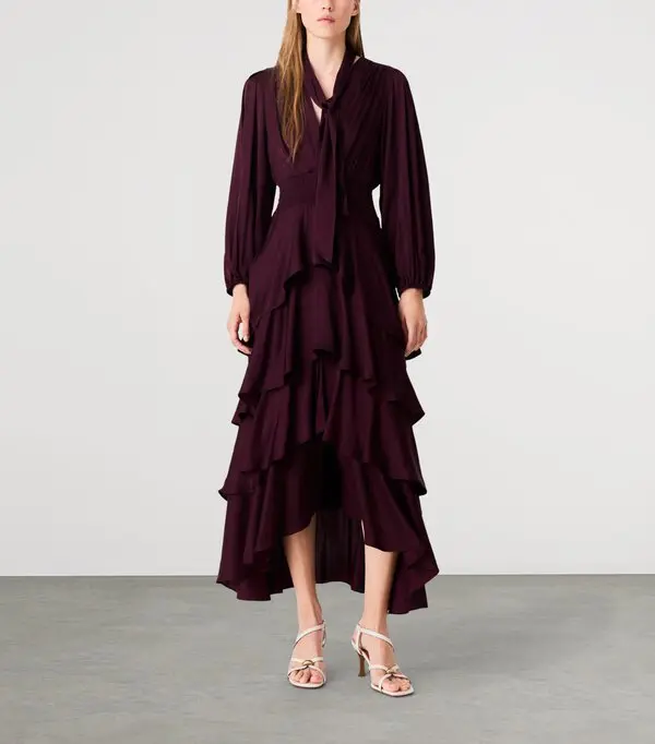 Maje Tiered Pussybow Midi Dress
