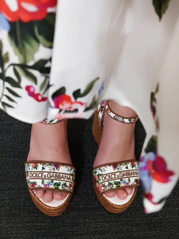 Dolce & Gabbana Floral Embroidered Raffia Wedge Sandals