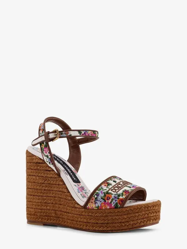 Dolce & Gabbana Floral Embroidered Raffia Wedge Sandals