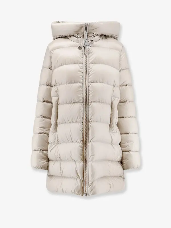 Moncler Long Down Jacket With Drawstring Hood - Beige