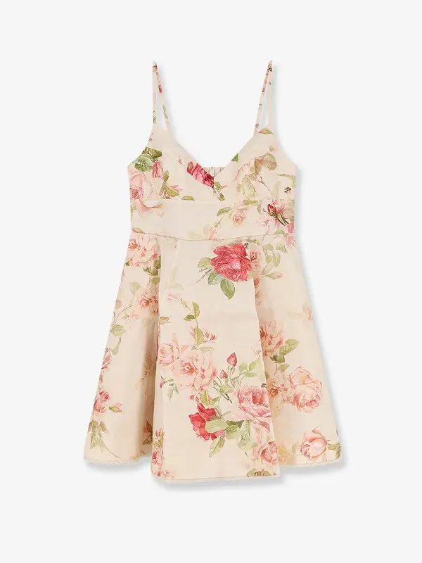 Zimmermann Roselight Short Linen Dress With Floral Print - Beige