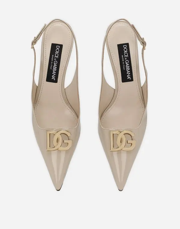 Dolce & Gabbana Polished Calfskin Slingback Pumps With Dg Logo Detail - Beige