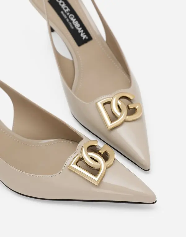 Dolce & Gabbana Polished Calfskin Slingback Pumps With Dg Logo Detail - Beige