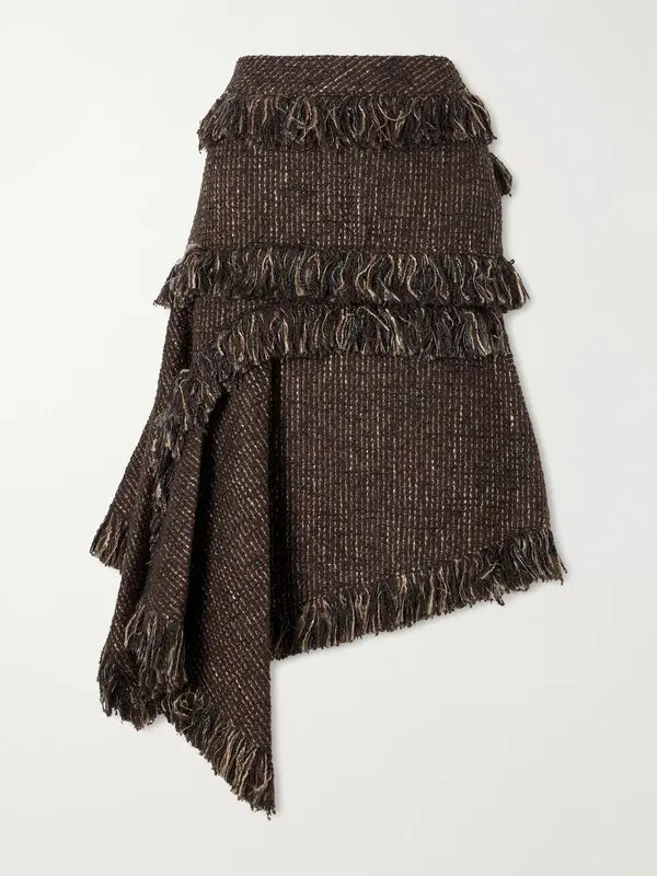 Sacai Fringed Wool-blend Tweed Midi Skirt - Brown